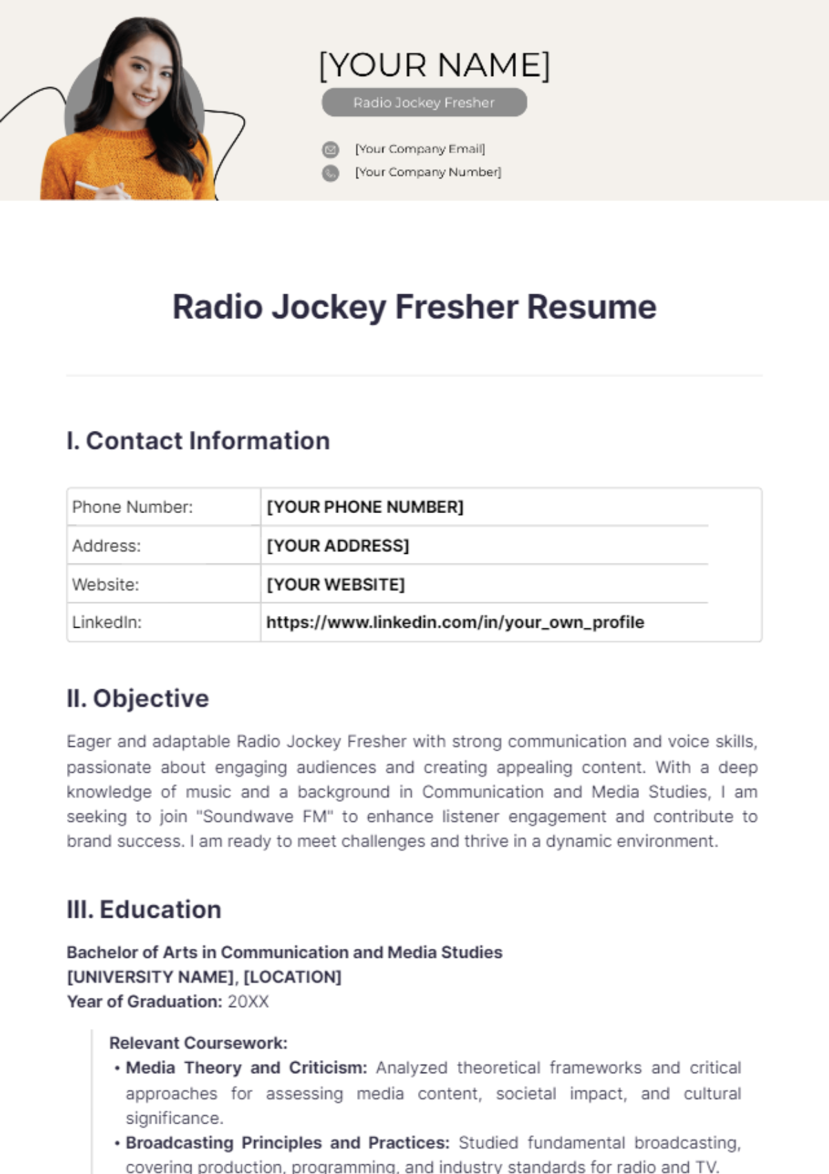 Radio Jockey Fresher Resume - Edit Online & Download Example | Template.net