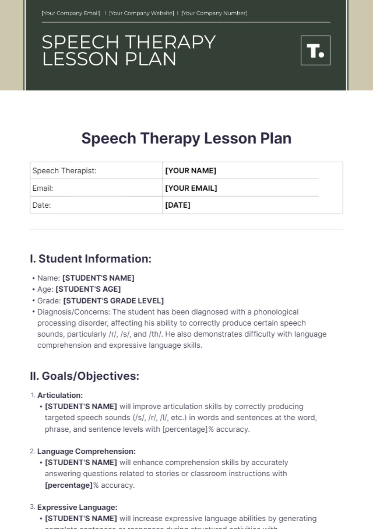 Free Speech Therapy Lesson Plan Template To Edit Online