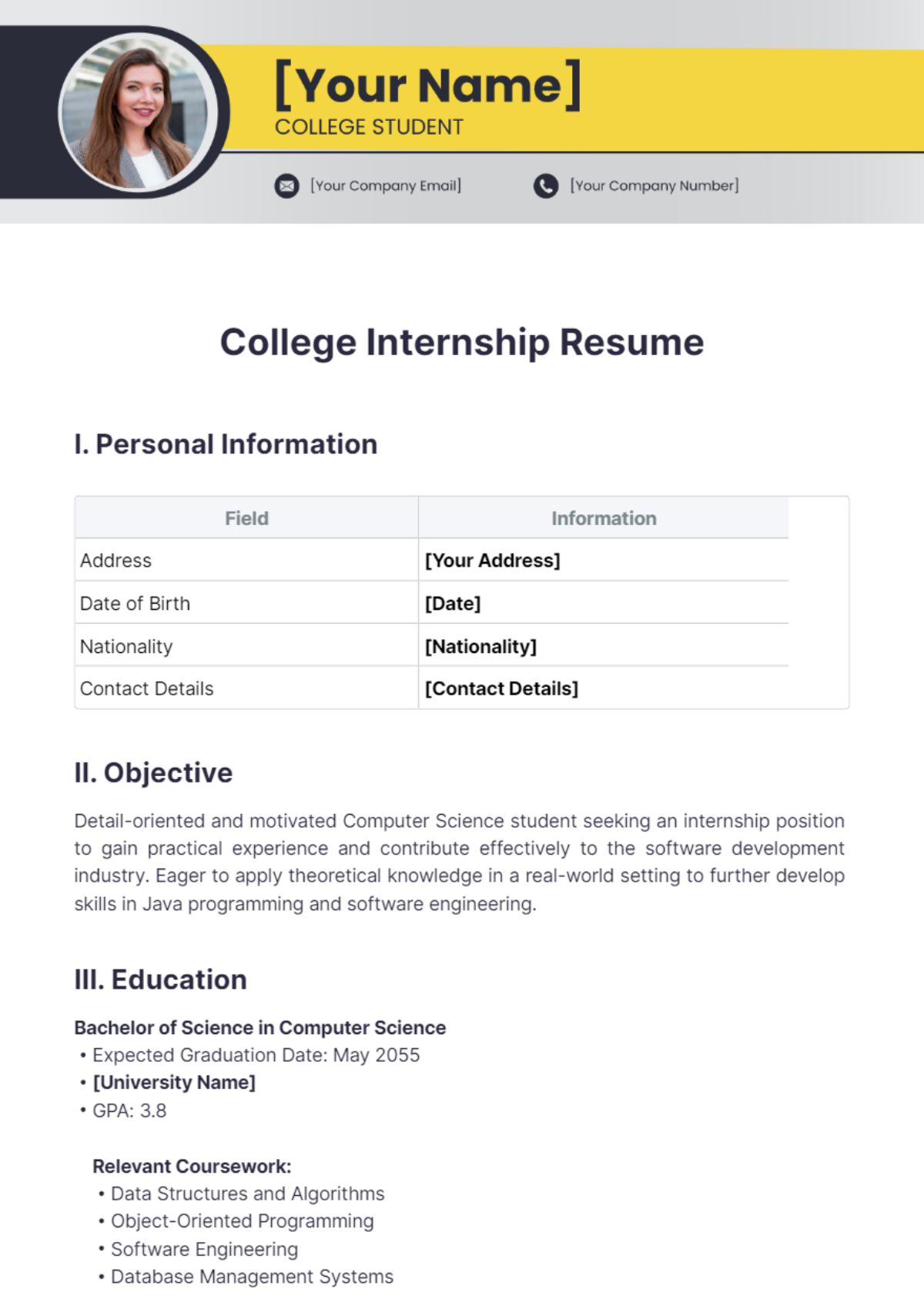 College Internship Resume - Edit Online & Download Example | Template.net