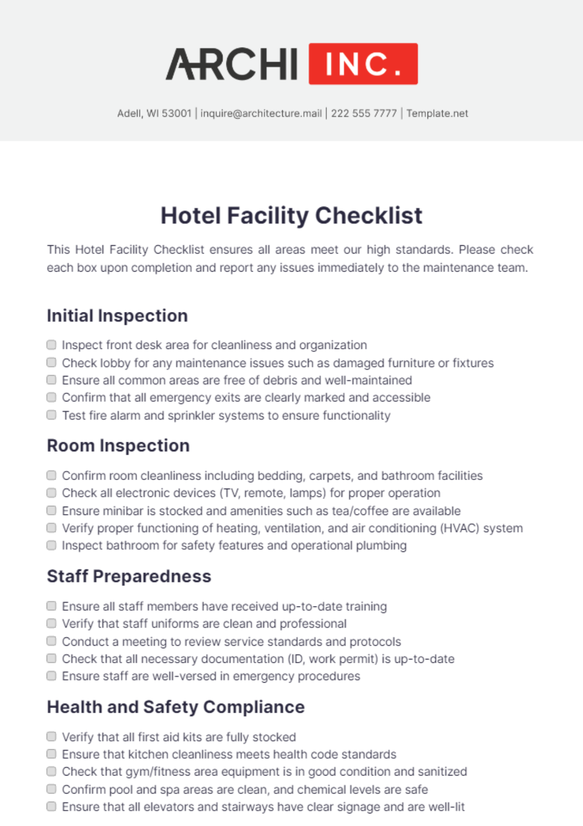 Hotel Facility Checklist Template - Edit Online & Download Example ...