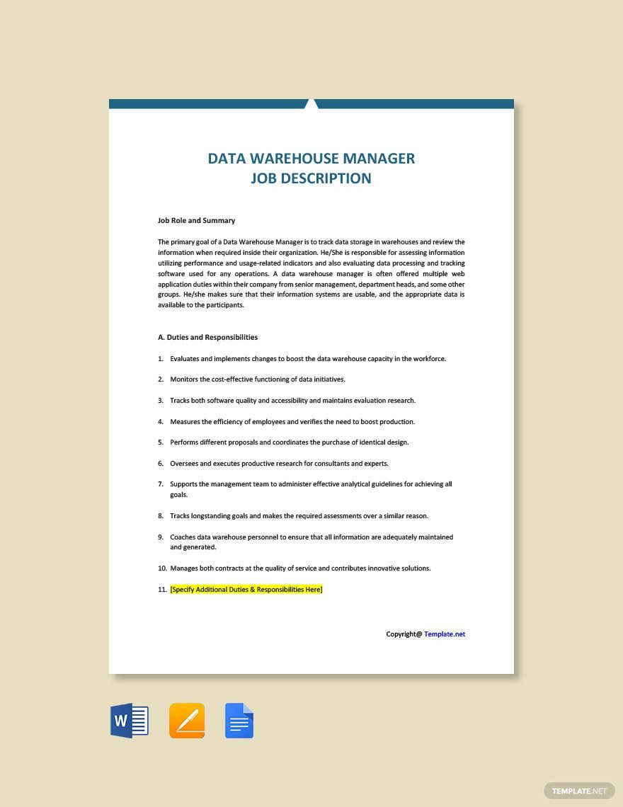 Data Warehouse Manager Job Ad And Description Template Download In 
