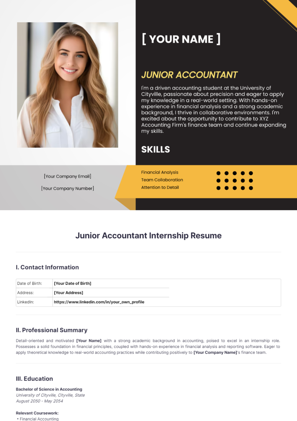 Junior Accountant Internship Resume - Edit Online & Download Example ...
