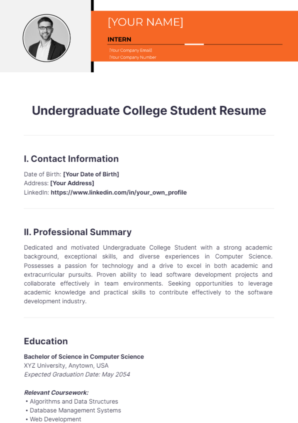 Undergraduate College Student Resume - Edit Online & Download Example ...