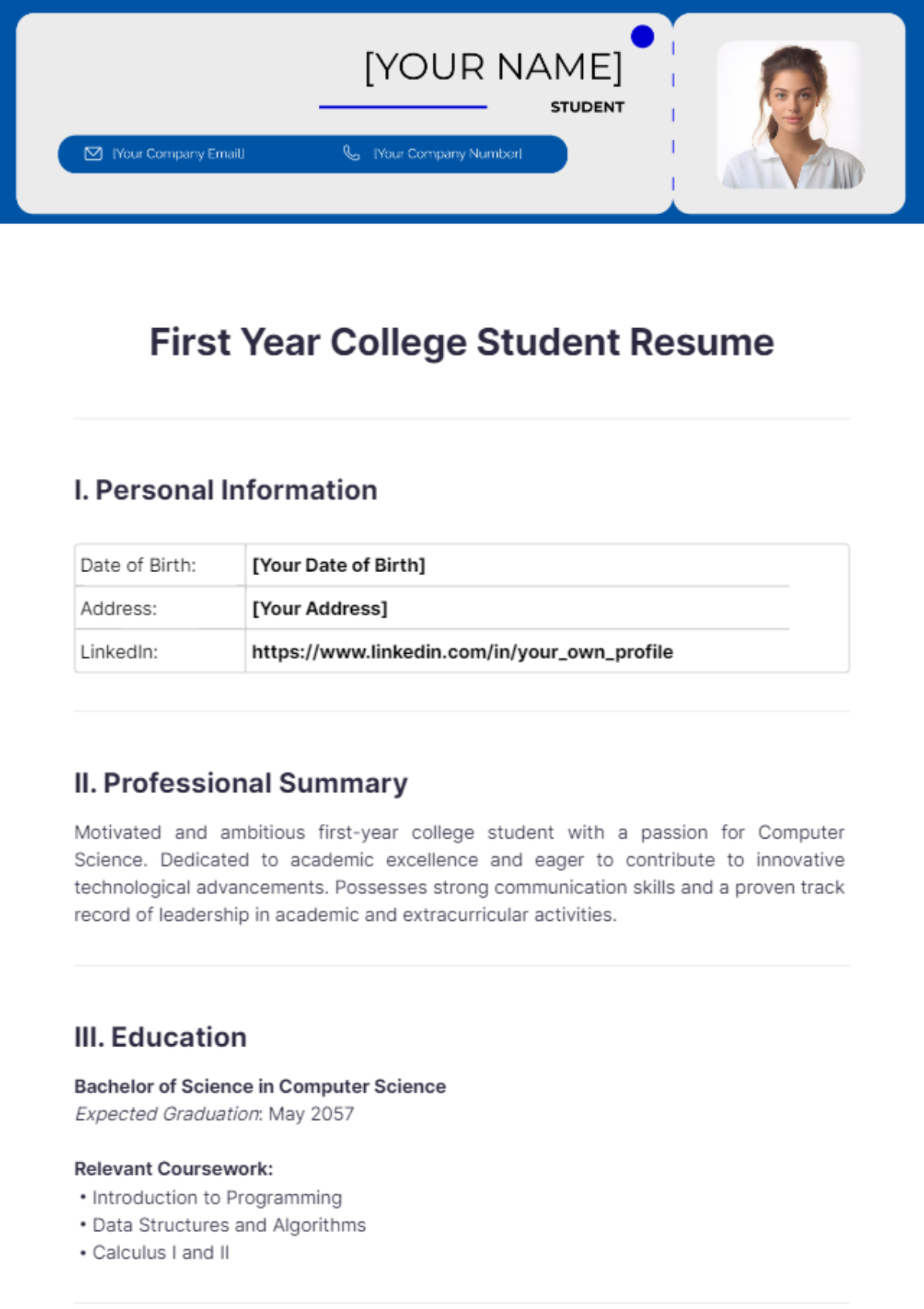 First Year College Student Resume - Edit Online & Download Example ...