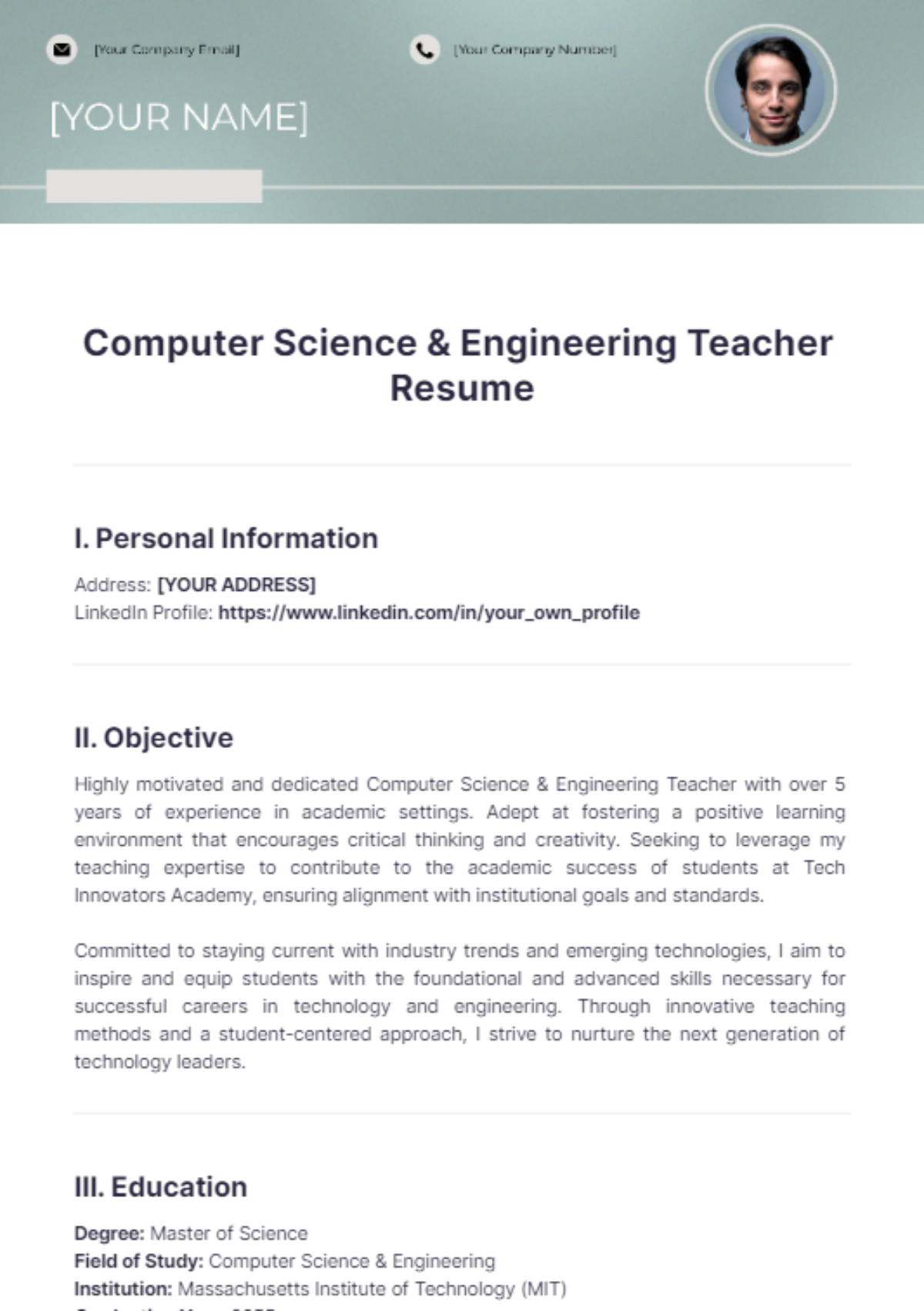 Computer Science & Engineering Teacher Resume - Edit Online & Download ...