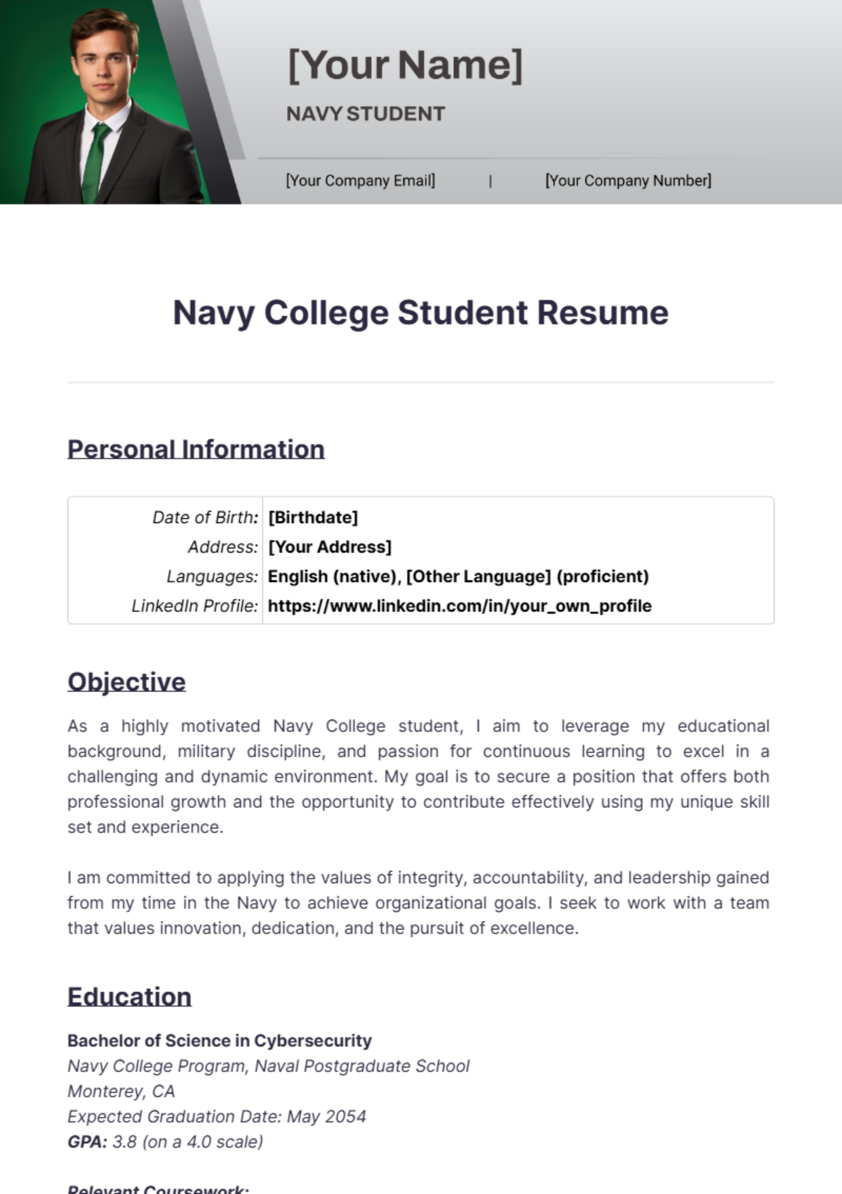 Navy College Student Resume - Edit Online & Download Example | Template.net