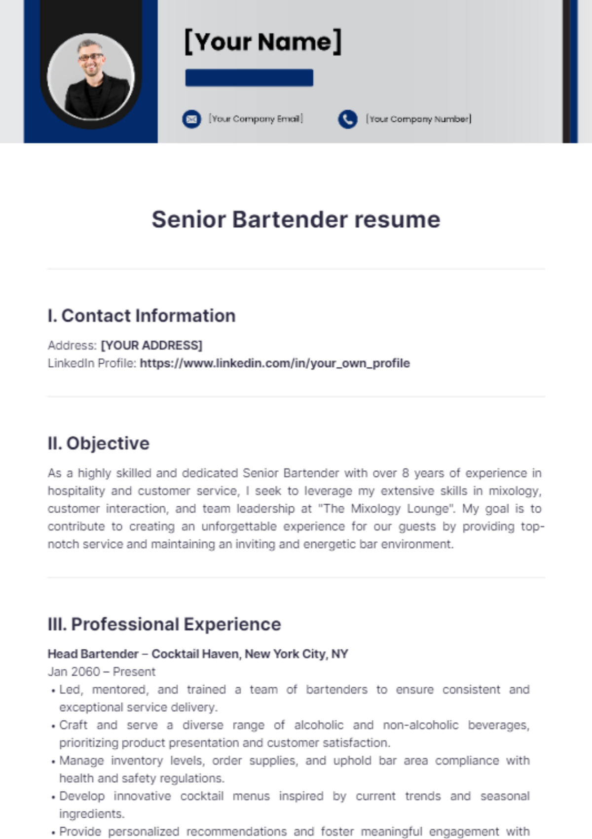 Senior Bartender resume - Edit Online & Download Example | Template.net