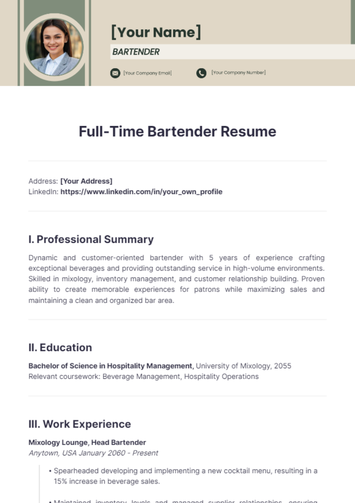 Full-time Bartender Resume - Edit Online & Download Example | Template.net