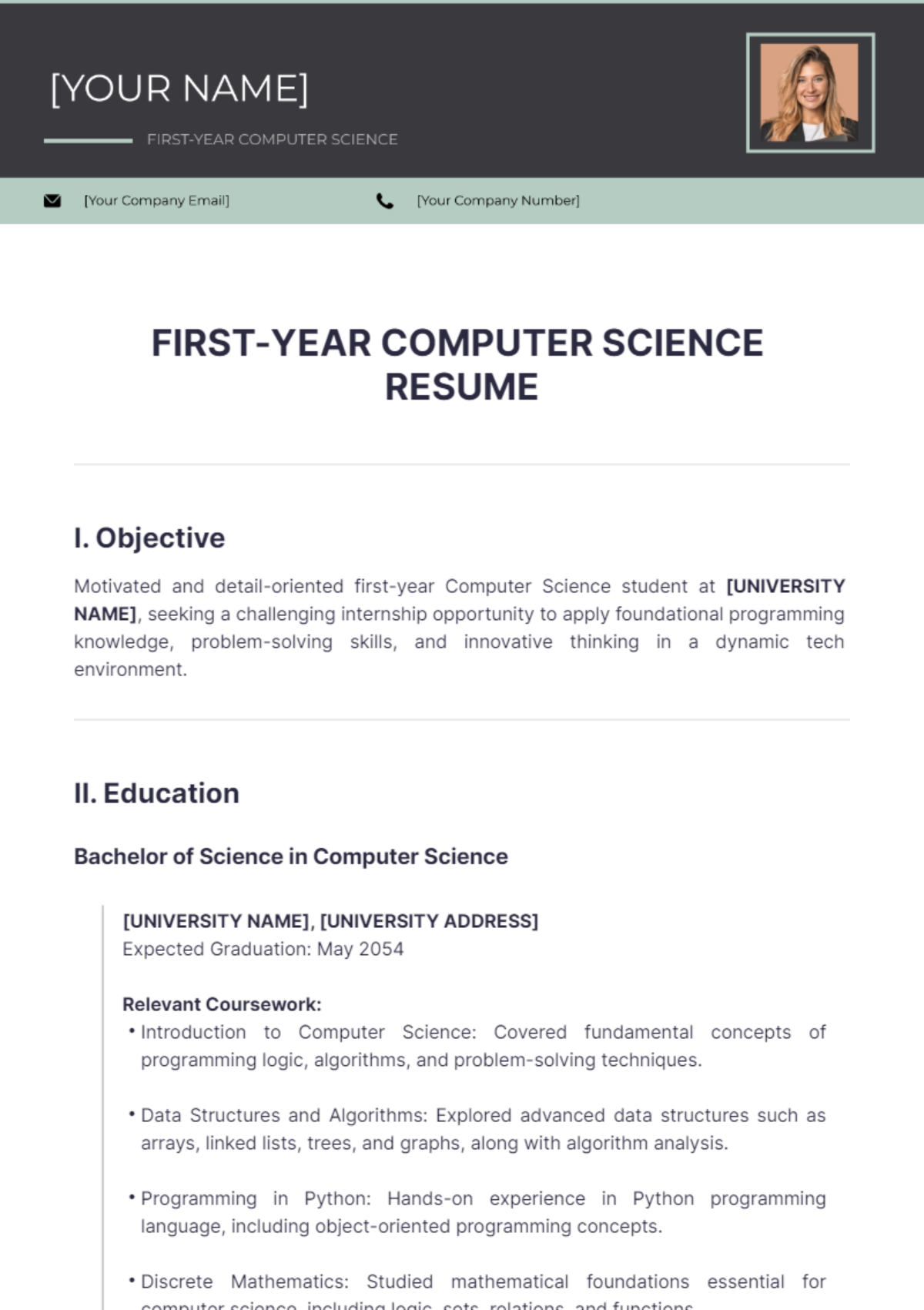 First Year Computer Science Resume Edit Online Download Example