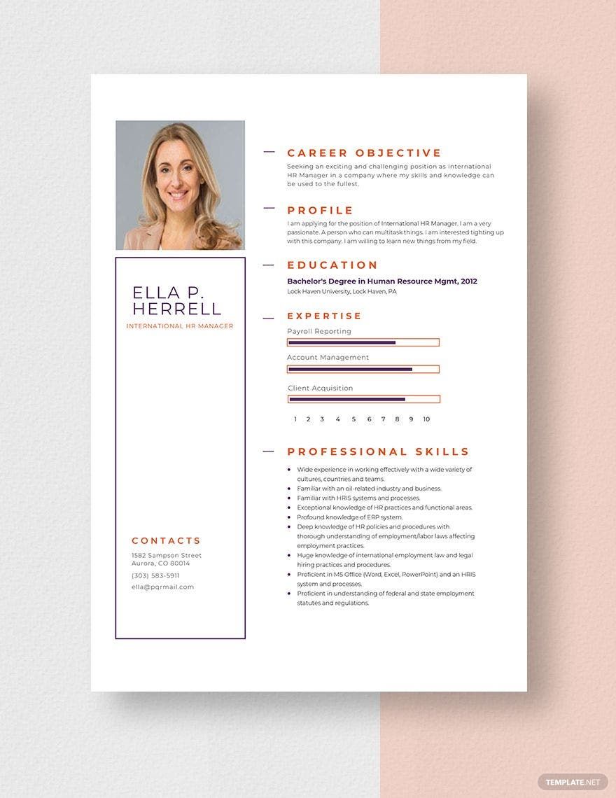 International HR Manager Resume In Word Pages Download Template