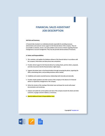 FREE Financial Sales Assistant Job Ad Description Word Google Docs 