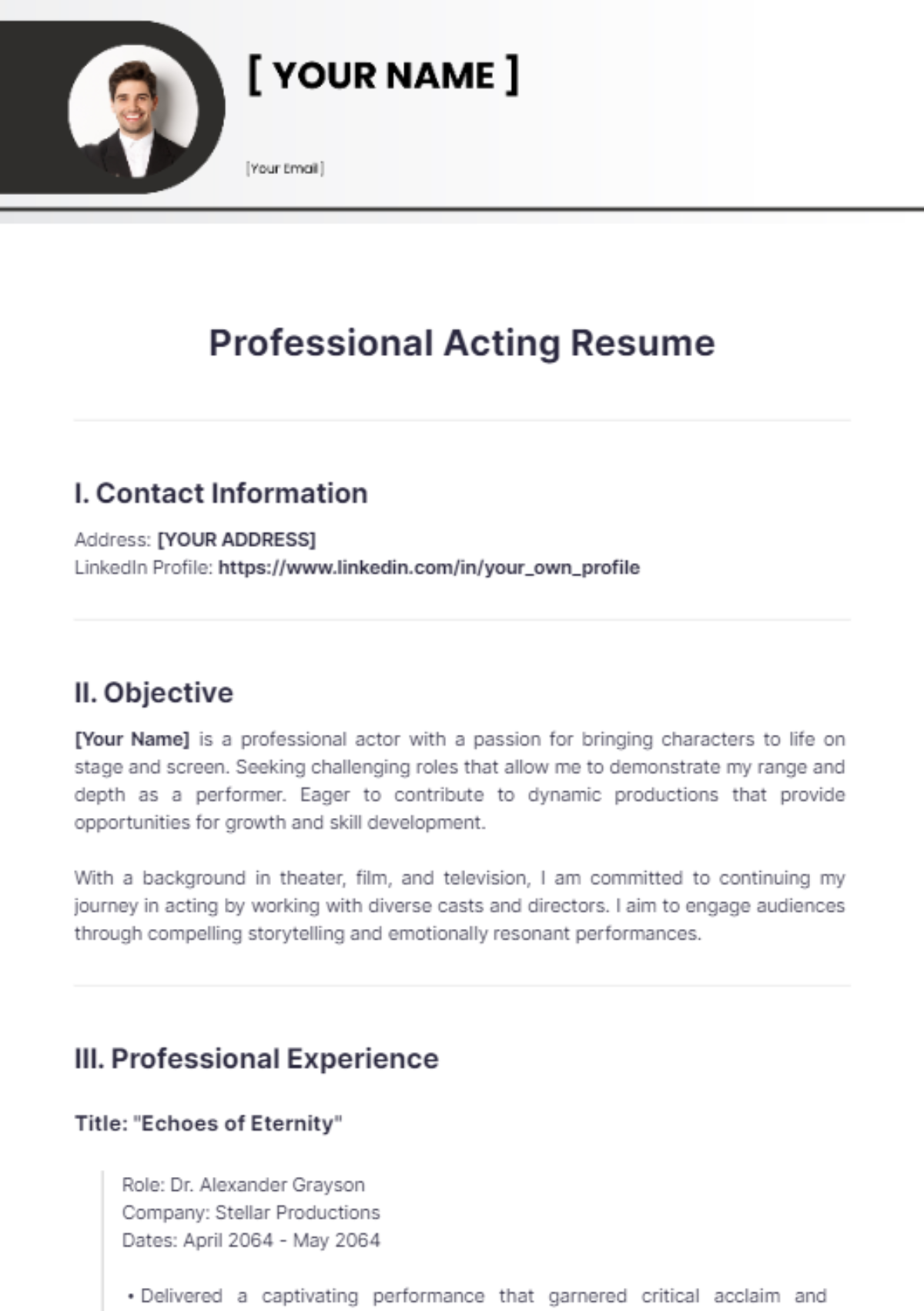 Professional Acting Resume - Edit Online & Download Example | Template.net