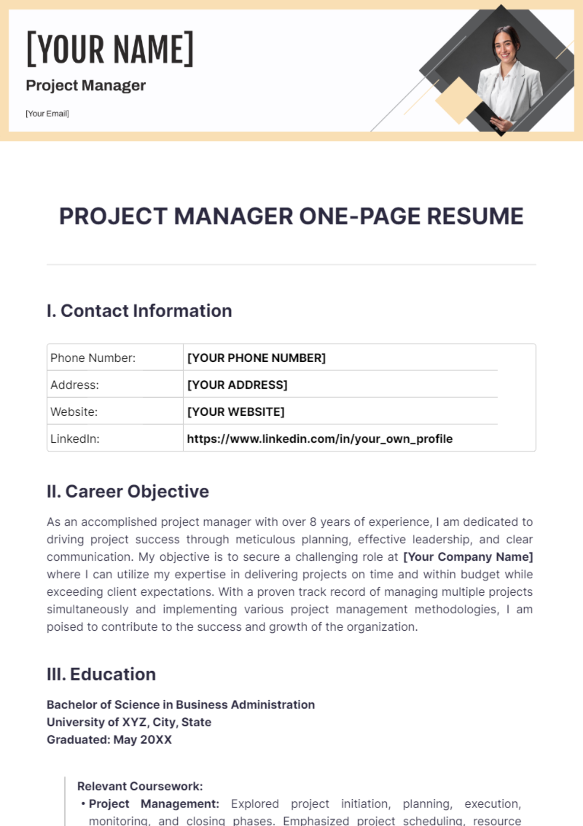 Project Manager One Page Resume - Edit Online & Download Example ...