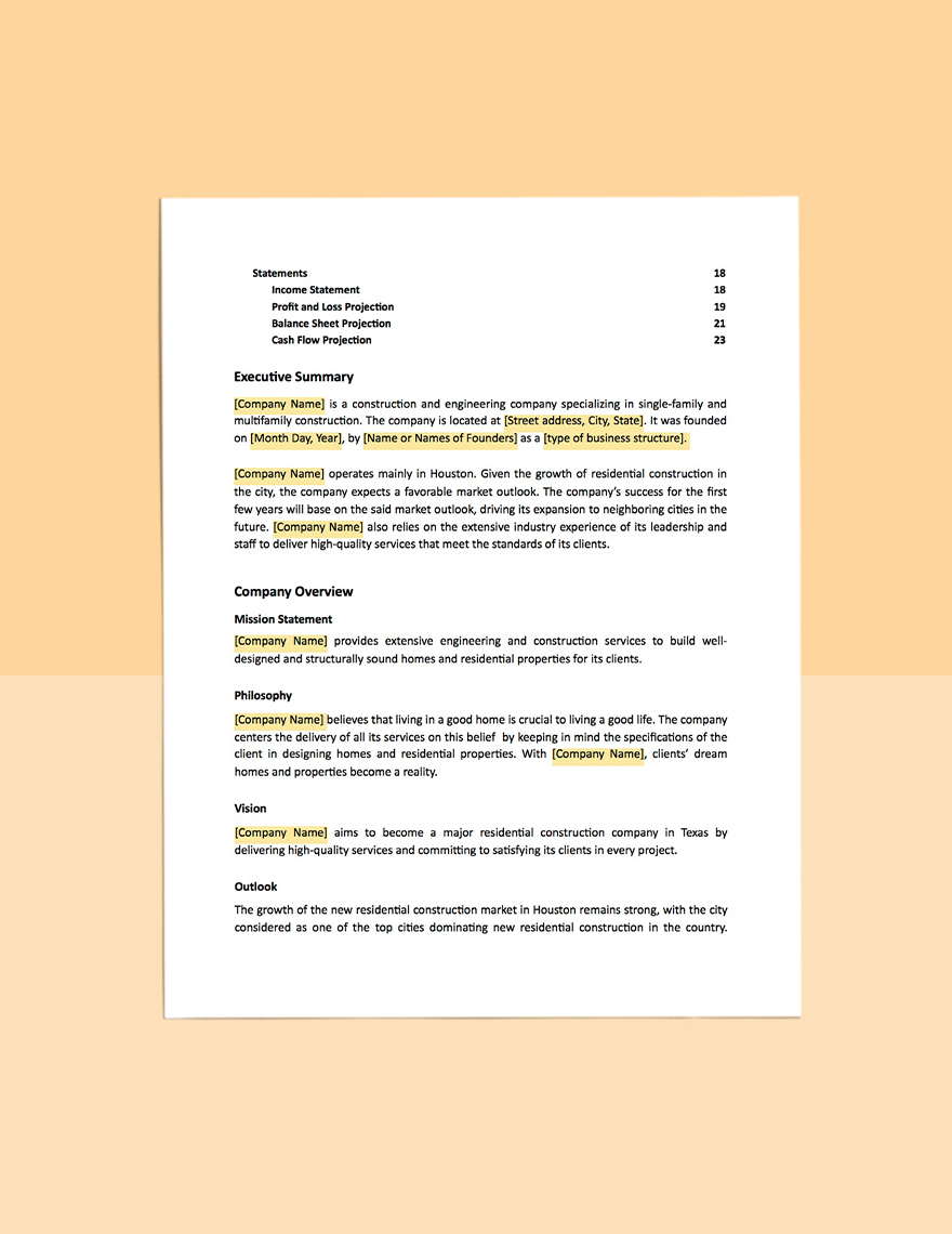 Construction and Engineering Business Plan Template - Google Docs, Word ...