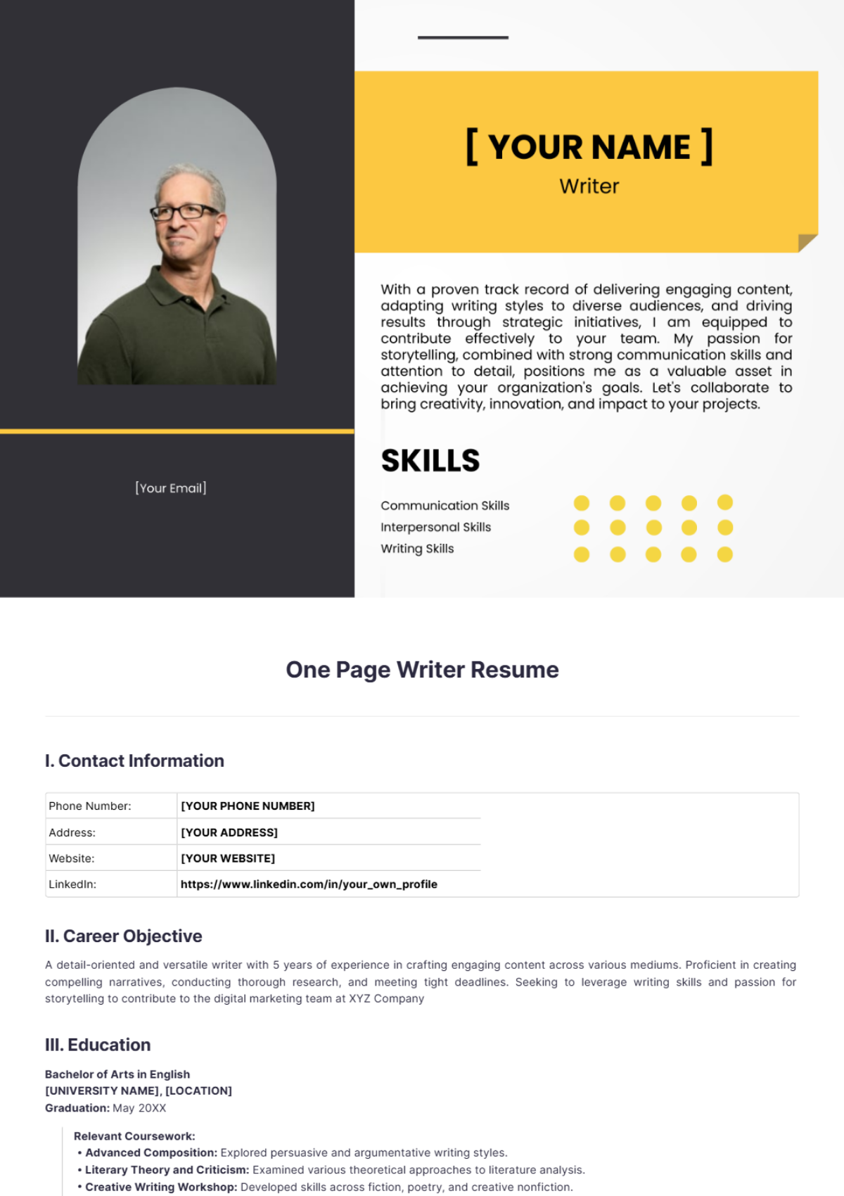 One Page Writer Resume - Edit Online & Download Example | Template.net
