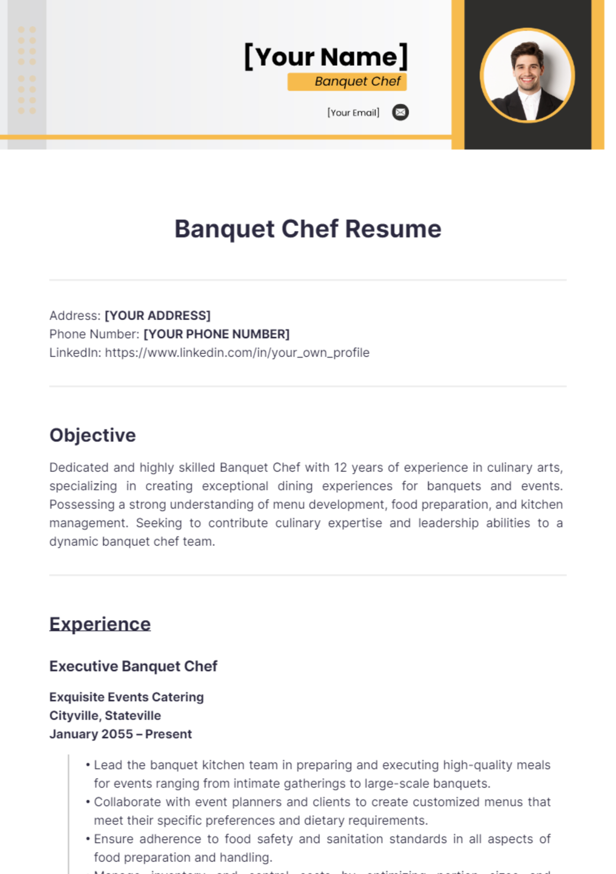 Banquet Chef Resume - Edit Online & Download Example | Template.net