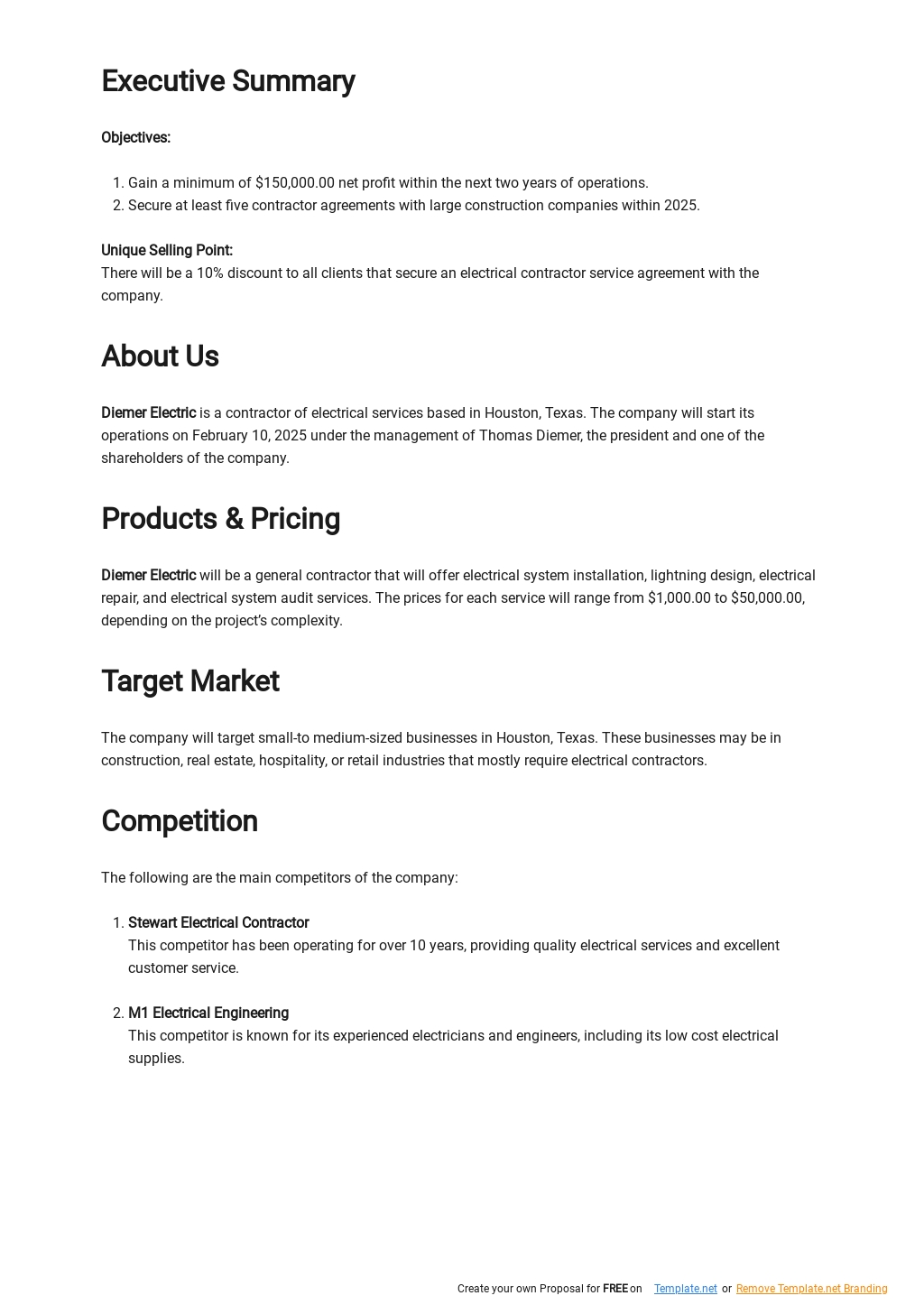 Electrical Contractor Business Plan Template Google Docs Word Apple 