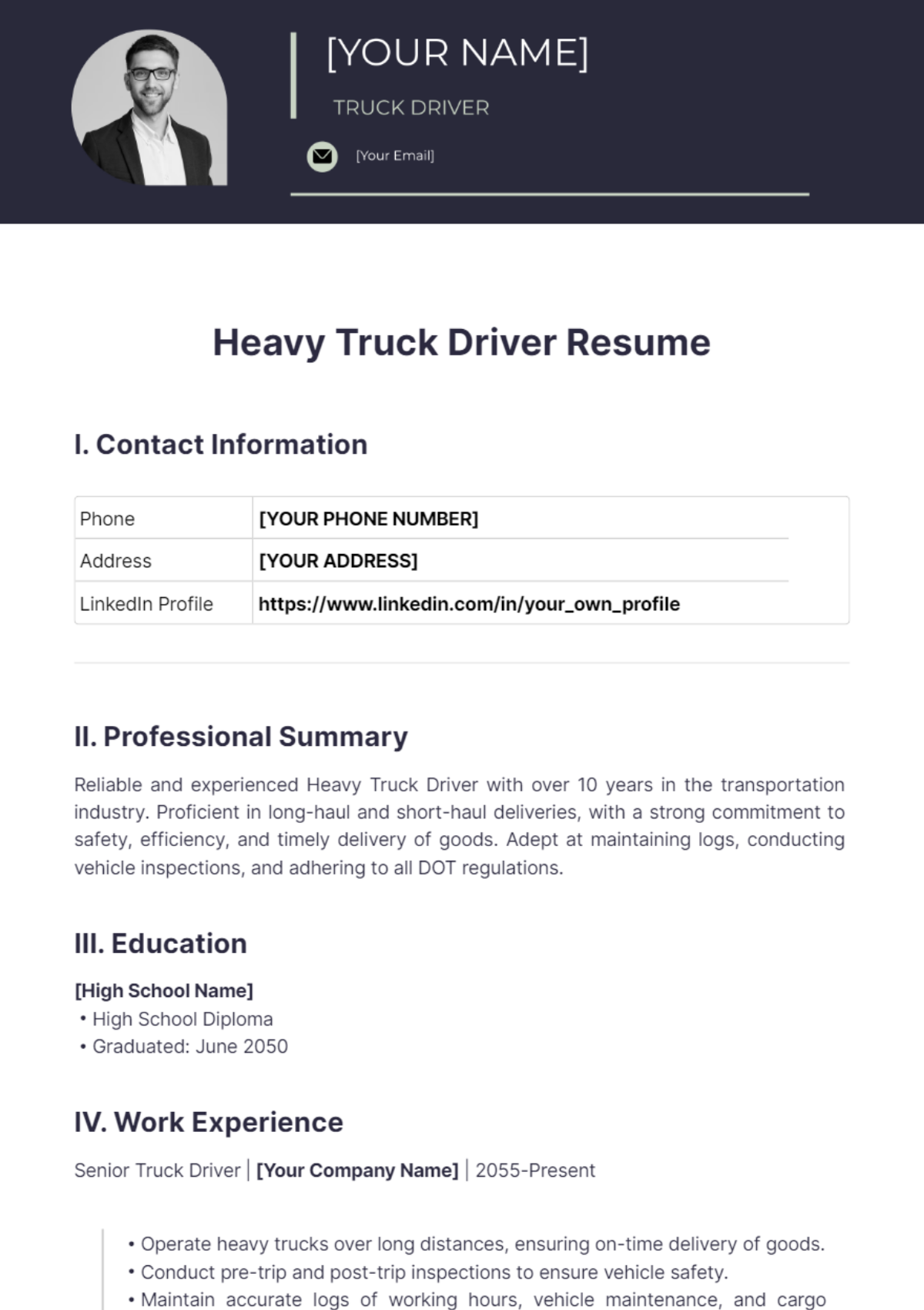 Heavy Truck Driver Resume - Edit Online & Download Example | Template.net