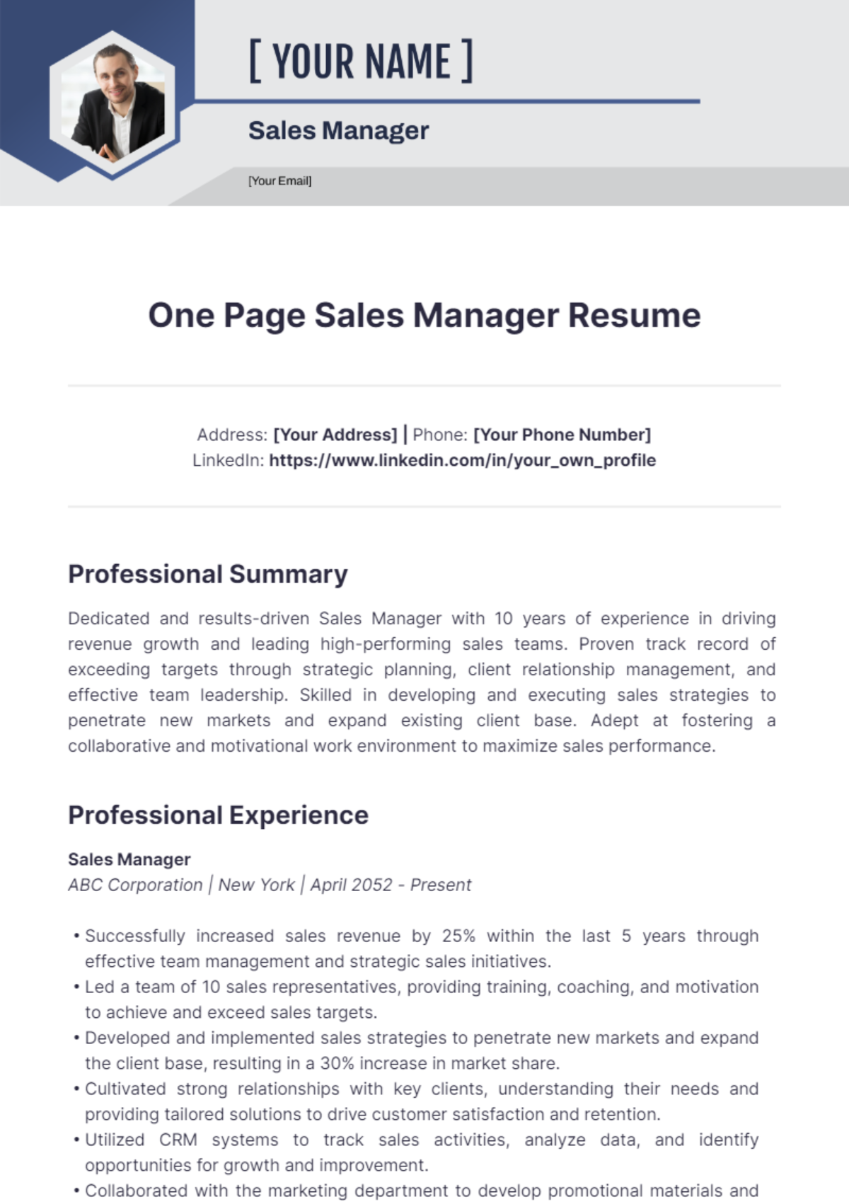 One Page Sales Manager Resume - Edit Online & Download Example | Template.net