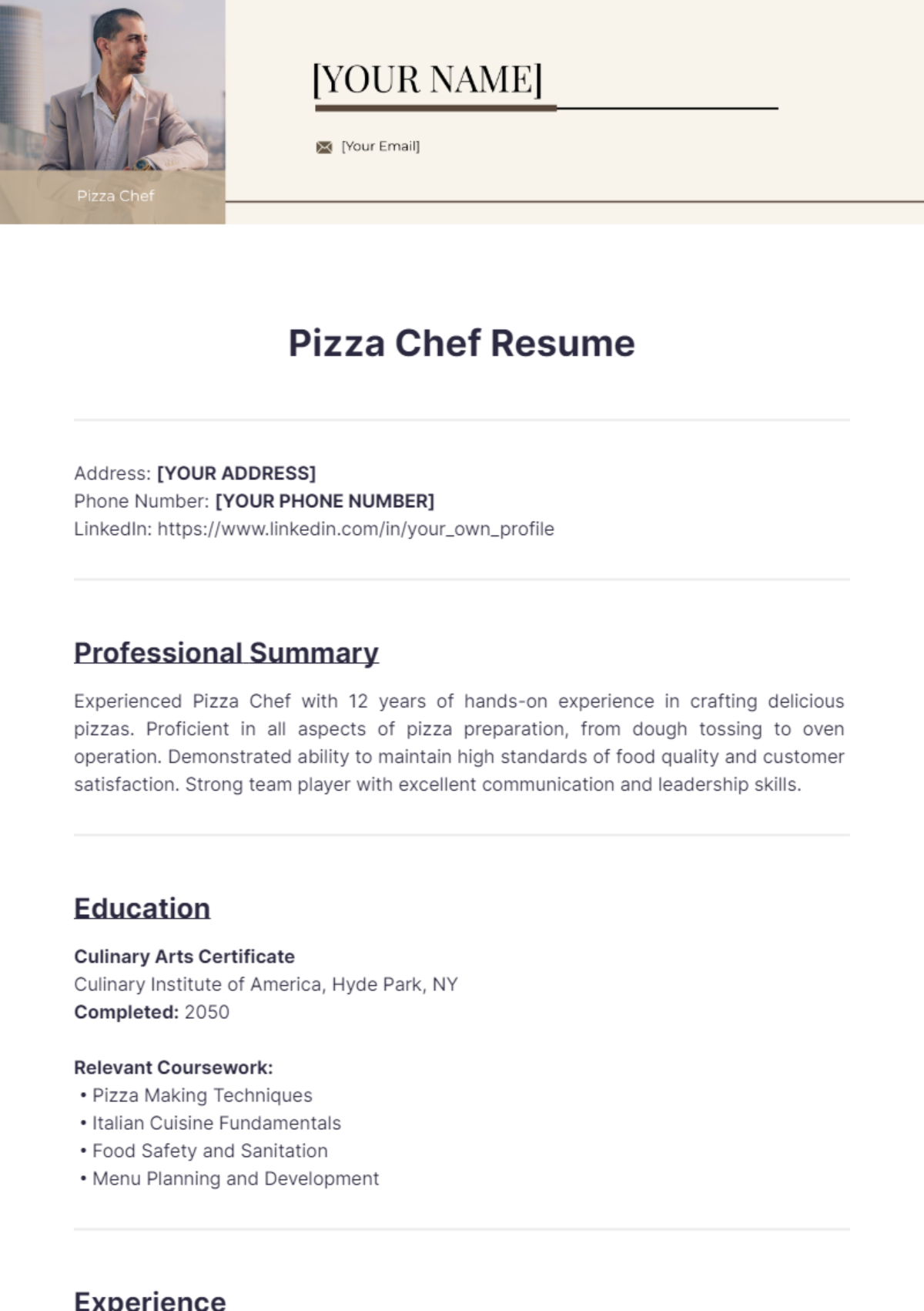 Pizza Chef Resume - Edit Online & Download Example | Template.net