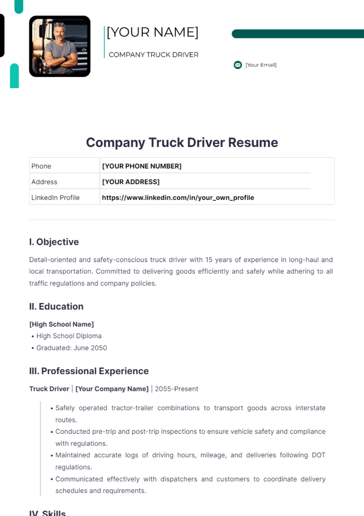 Company Truck Driver Resume Templates - Edit Online & Download Example ...