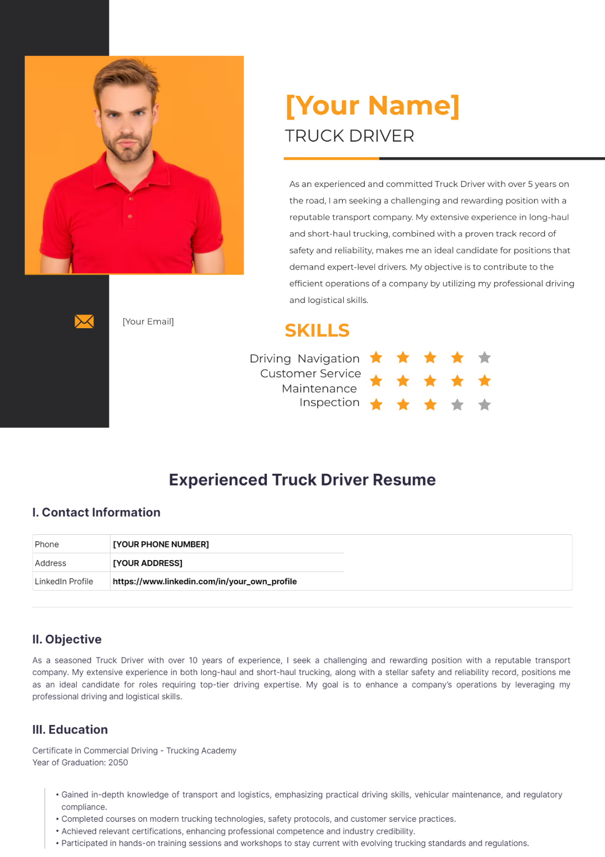 Experienced Truck Driver Resume - Edit Online & Download Example ...