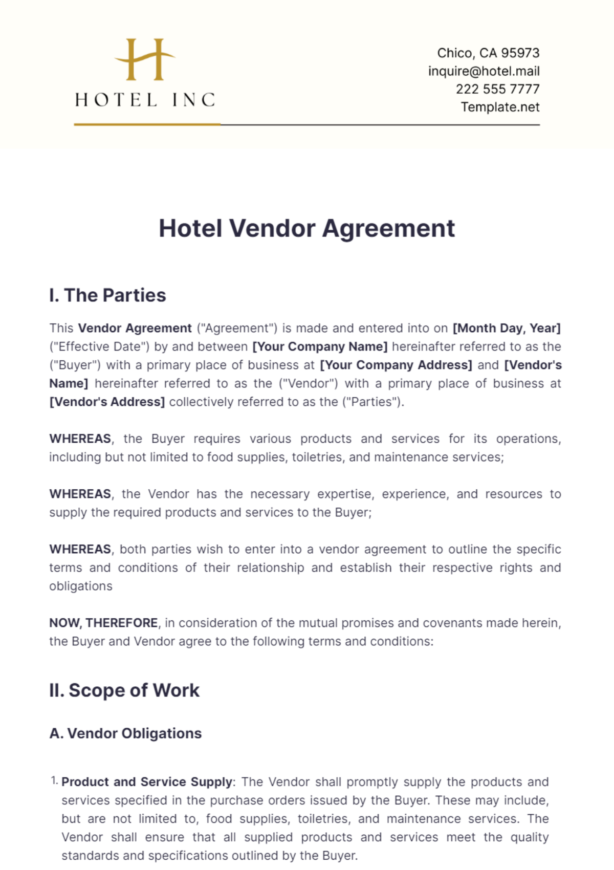 Hotel Vendor Agreement Templates - Edit Online & Download Example ...