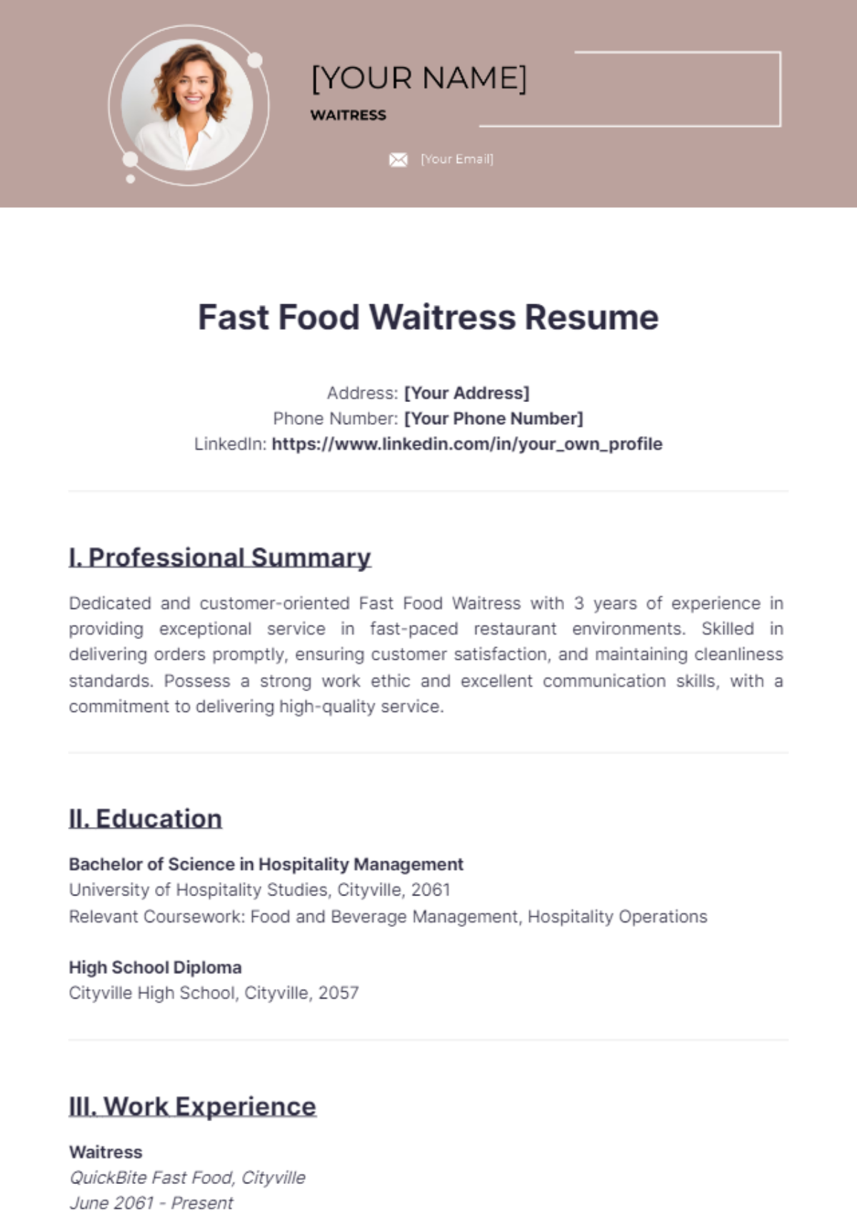 Fast Food Waitress Resume - Edit Online & Download Example | Template.net