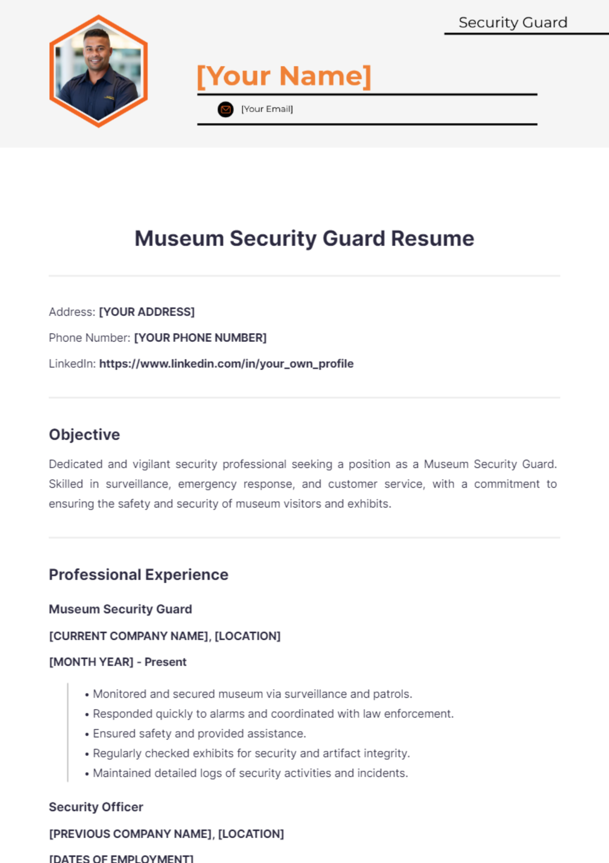 Free Museum Security Guard Resume Template To Edit Online