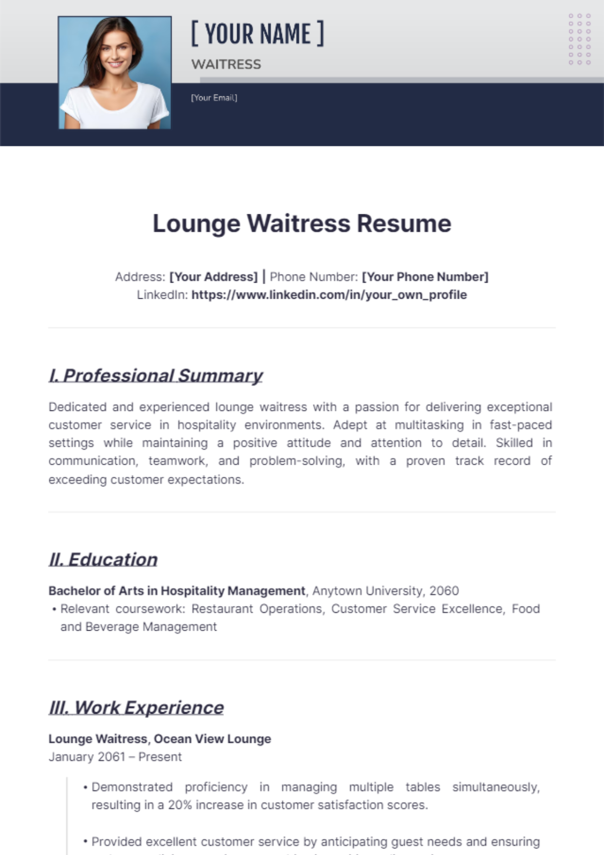 Lounge Waitress Resume - Edit Online & Download Example | Template.net