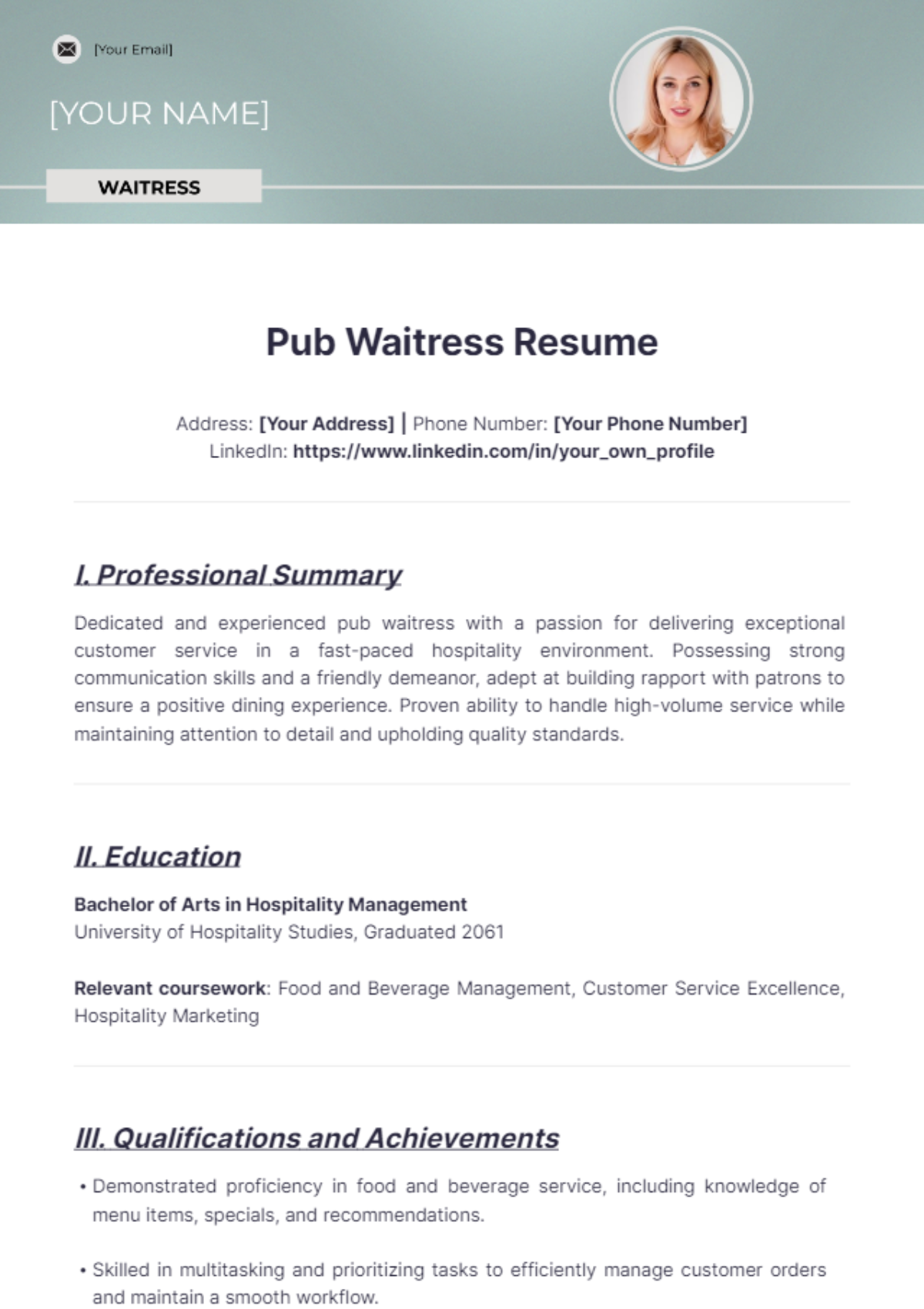 Pub Waitress Resume - Edit Online & Download Example | Template.net