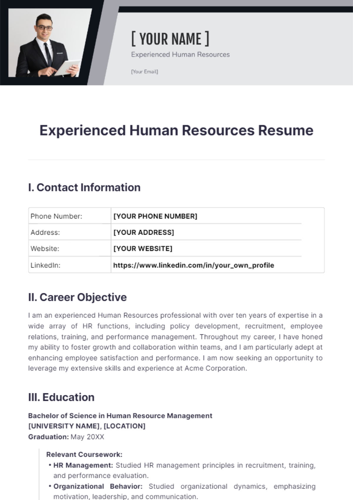Experienced Human Resources Resume - Edit Online & Download Example ...