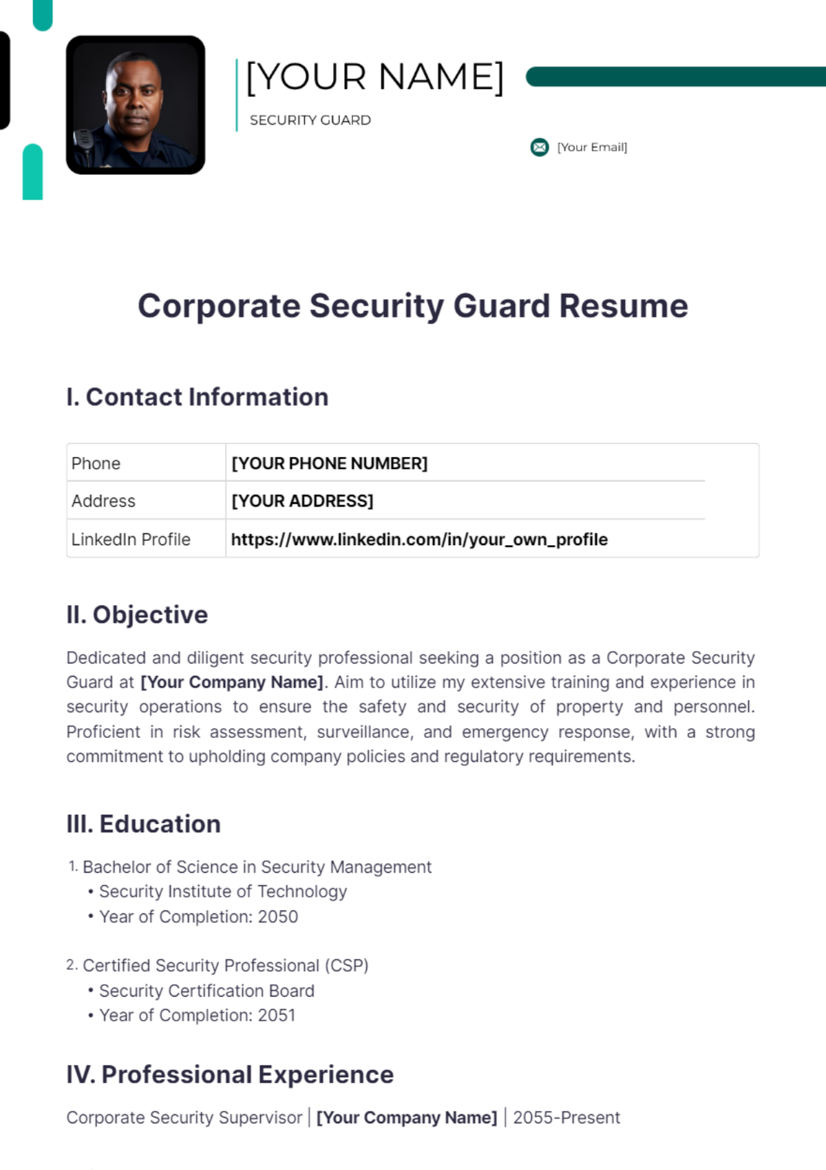 Corporate Security Guard Resume - Edit Online & Download Example ...