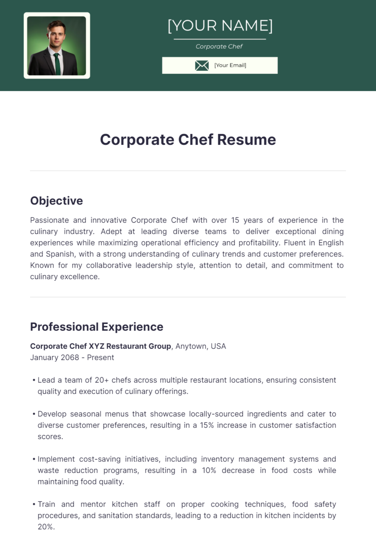 Corporate Chef Resume - Edit Online & Download Example | Template.net