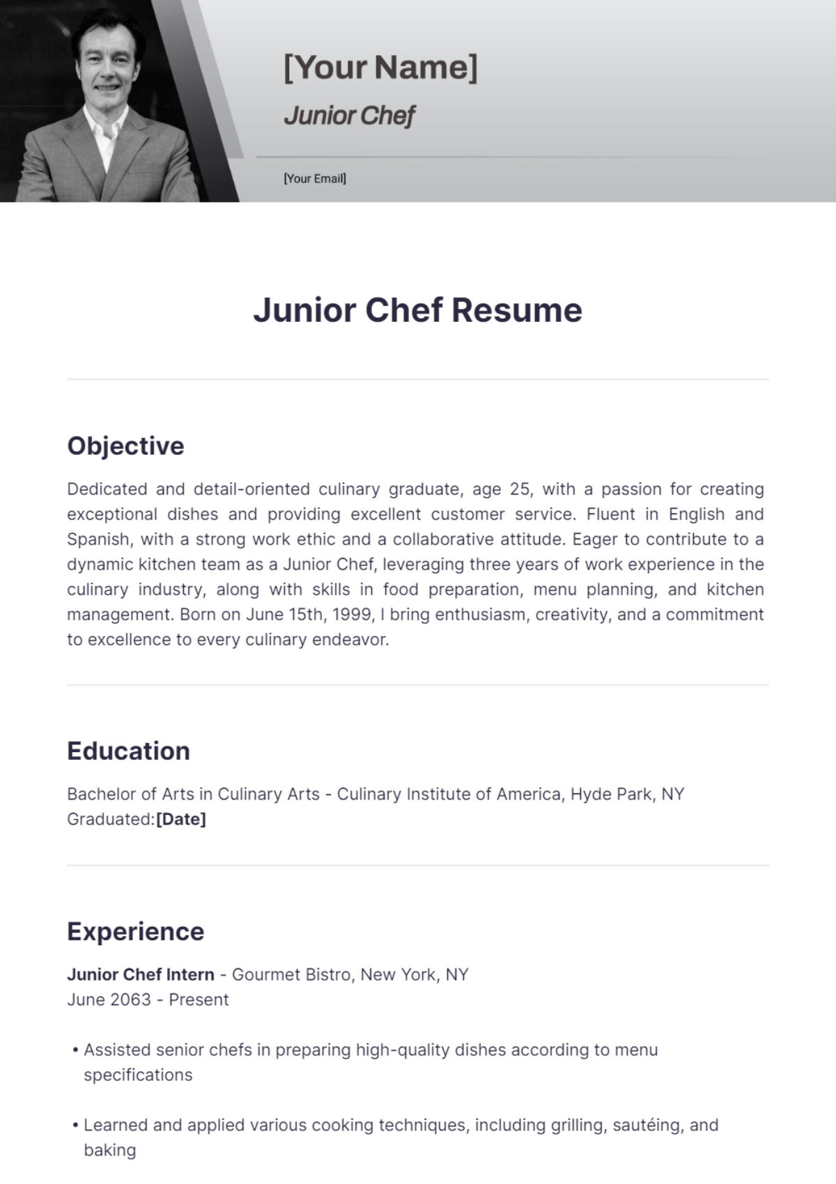 Junior Chef Resume - Edit Online & Download Example | Template.net