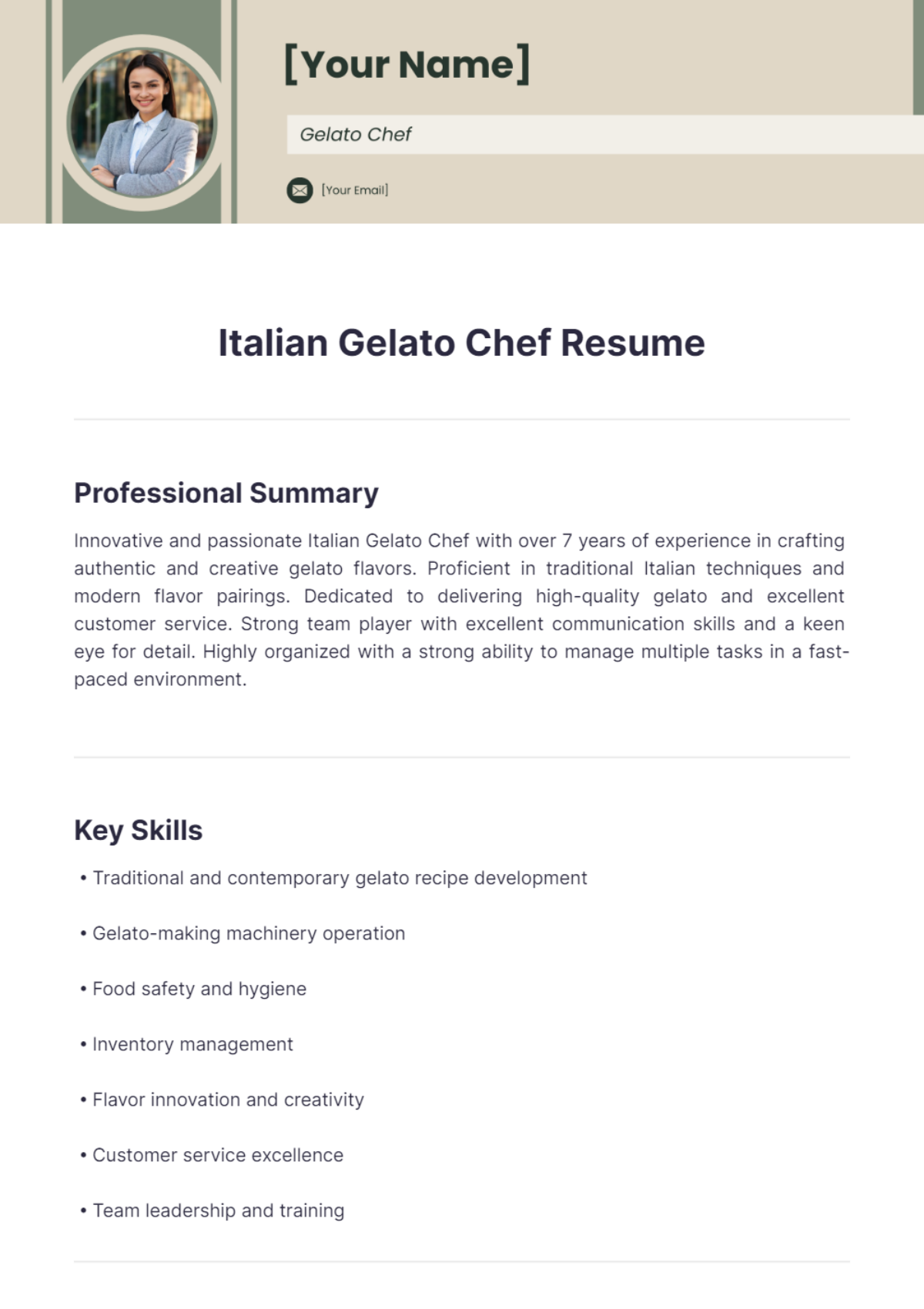 Italian Gelato Chef Resume - Edit Online & Download Example | Template.net