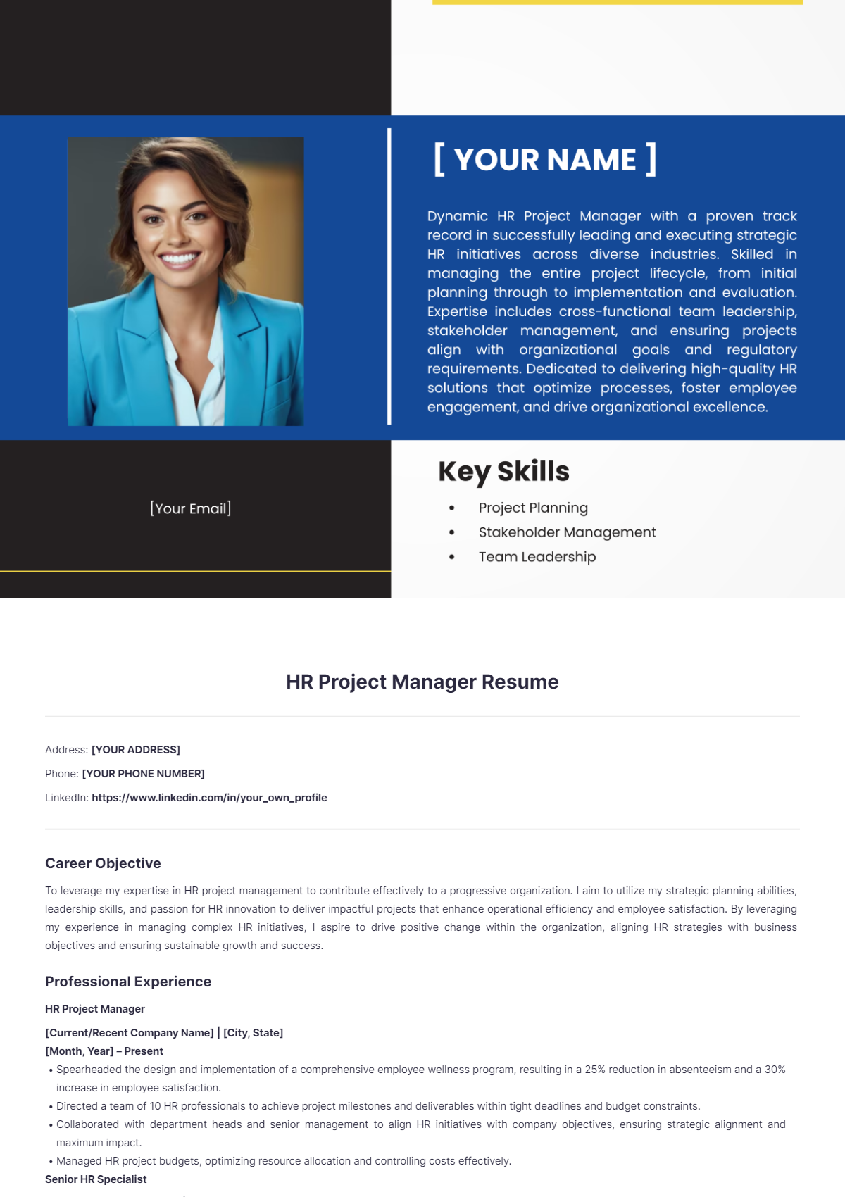 HR Project Manager Resume - Edit Online & Download Example | Template.net