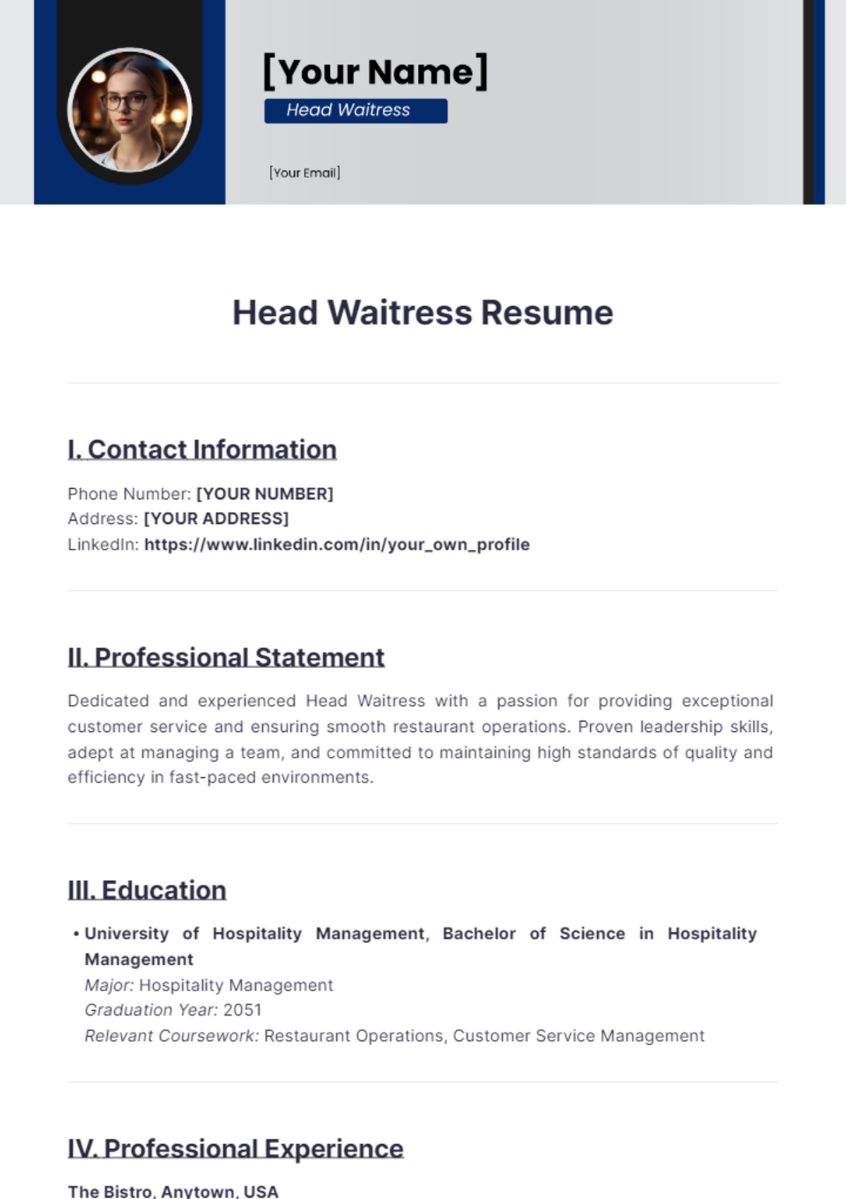 Head Waitress Resume - Edit Online & Download Example | Template.net