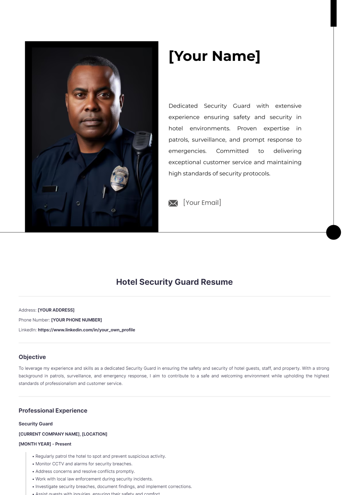 Free Hotel Security Guard Resume Template To Edit Online