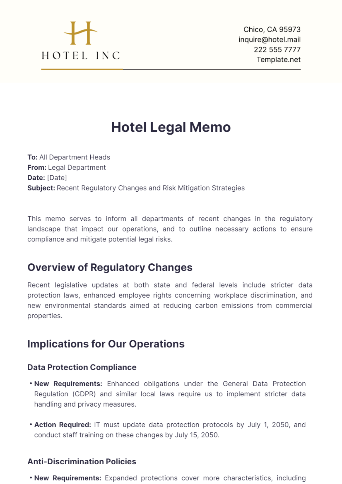 Hotel Legal Memo Template - Edit Online & Download Example | Template.net
