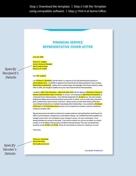Free Financial Service Representative Cover Letter Template - Google ...