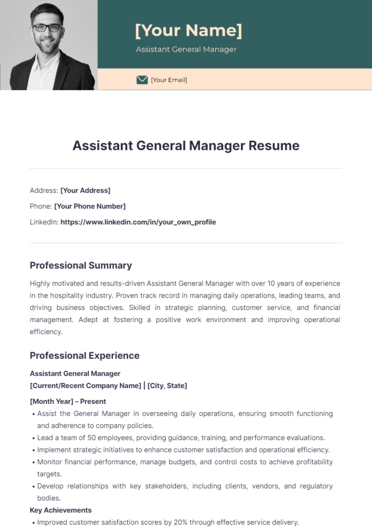 Assistant General Manager Resume - Edit Online & Download Example ...