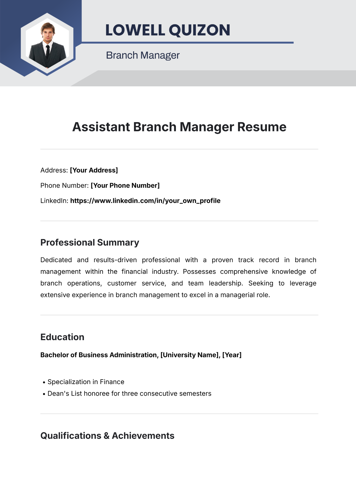 Free Assistant Branch Manager Resume Template To Edit Online