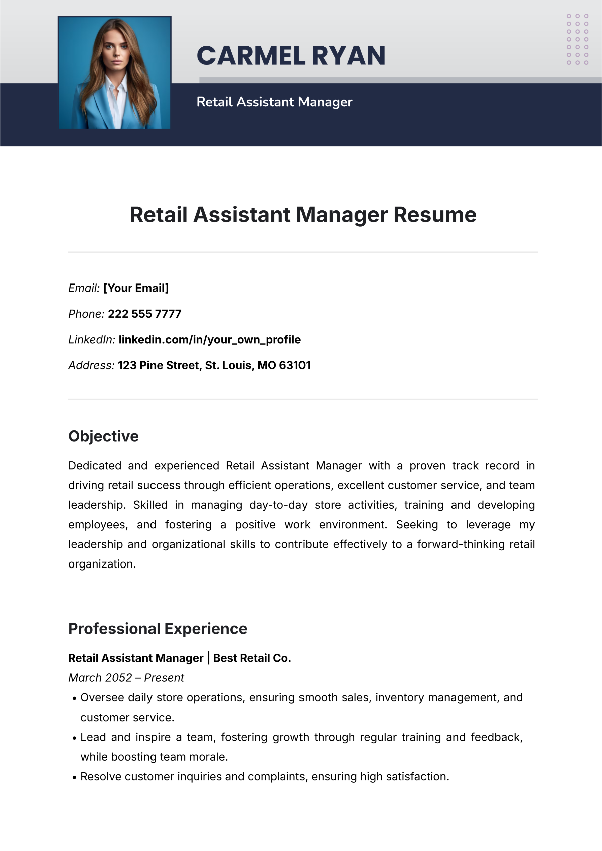 Free Retail Assistant Manager Resume Template To Edit Online