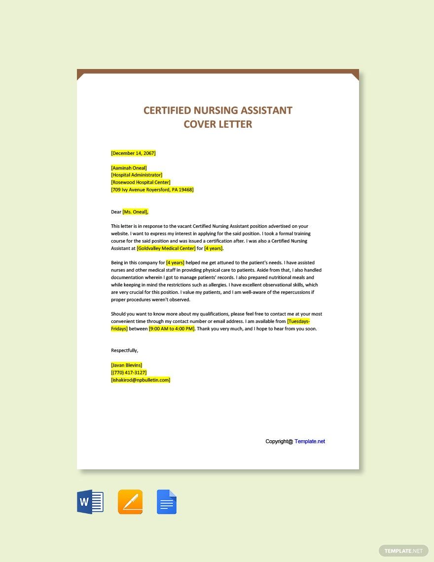 Free Certified Nursing Assistant Cover Letter Template Google Docs Word Apple Pages 