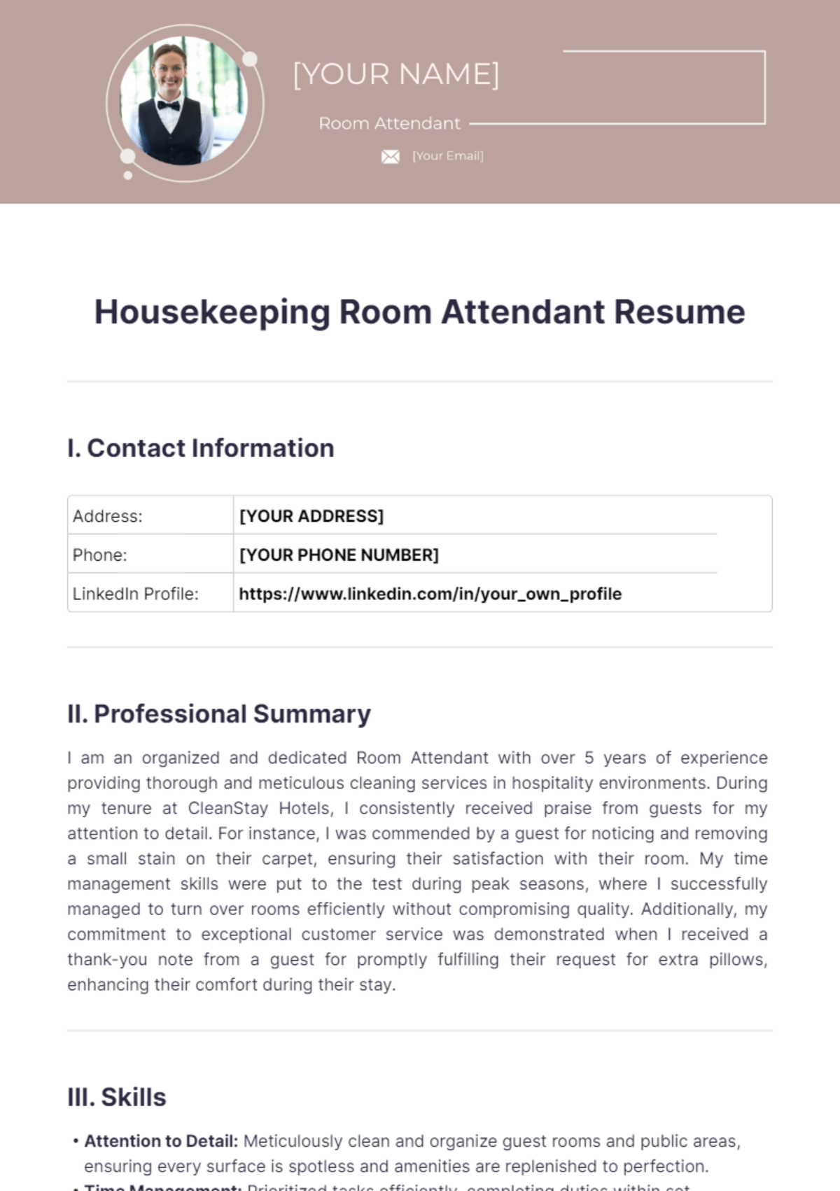 Housekeeping Room Attendant Resume - Edit Online & Download Example | Template.net