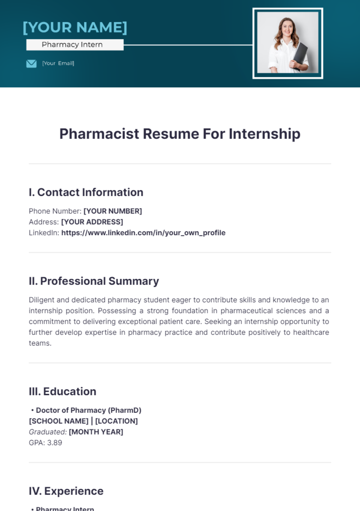 Pharmacist Resume For Internship - Edit Online & Download Example ...