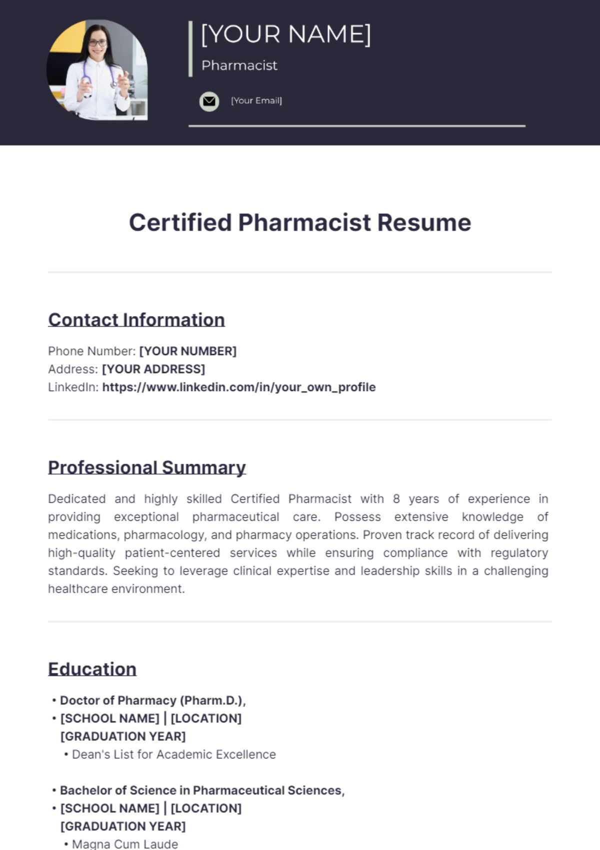 Certified Pharmacist Resume - Edit Online & Download Example | Template.net