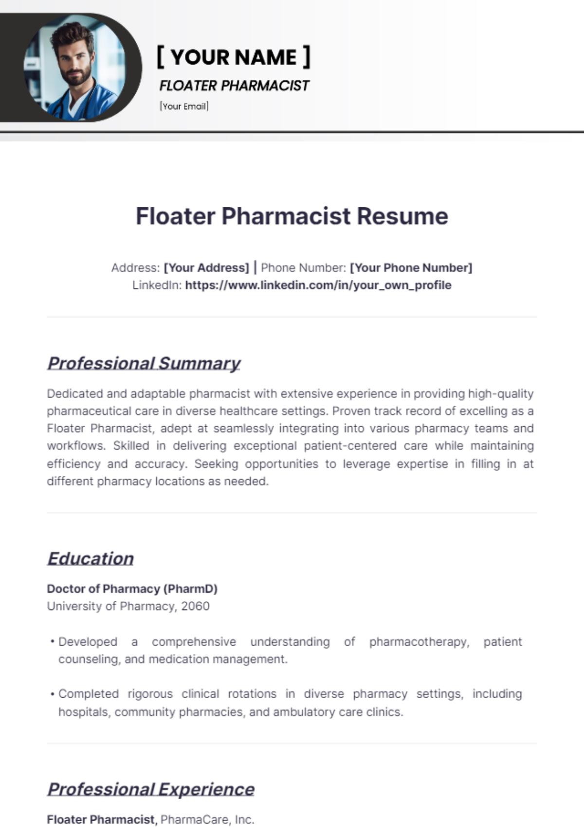 Floater Pharmacist Resume - Edit Online & Download Example | Template.net