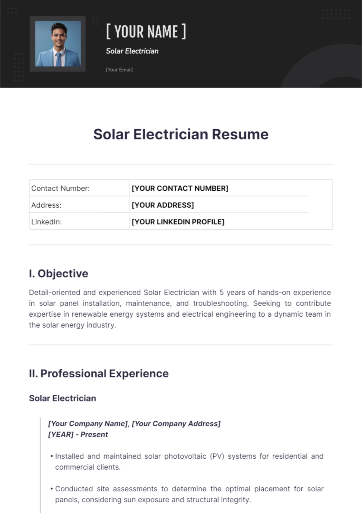 Solar Electrician Resume - Edit Online & Download Example | Template.net